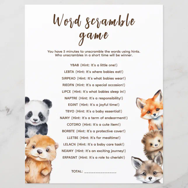 Word Scramble Woodland Animals Baby Shower Game | Zazzle
