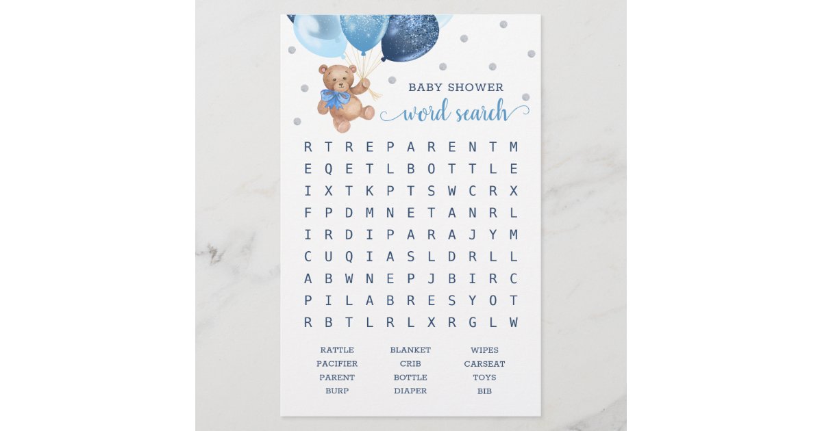 Word Search Game Baby Shower Teddy Bear | Zazzle