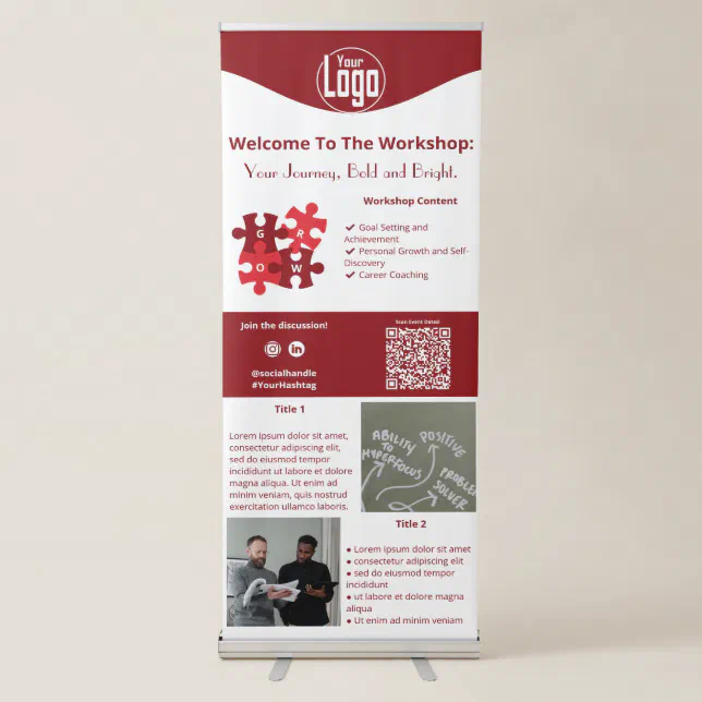 Workshop Guide Life Coach Logo Red White Retractable Banner | Zazzle