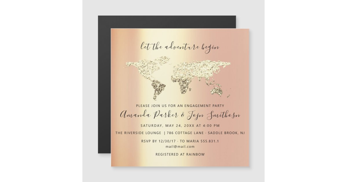 World Destination Map Globe Bridal Wedding Gold Magnetic Invitation ...