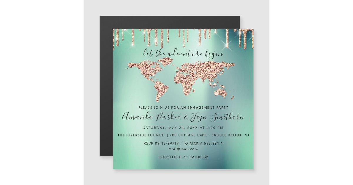 World Destination Map Globe Bridal Wedding Mint Magnetic Invitation ...