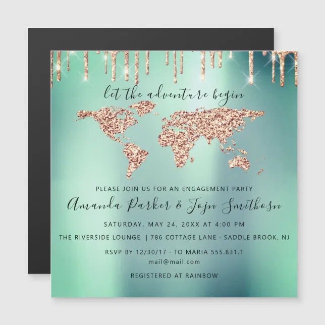 World Destination Map Globe Bridal Wedding Mint Magnetic Invitation ...
