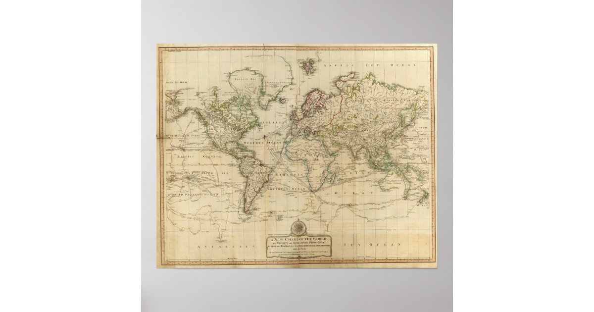 World Hand Colored map Poster | Zazzle