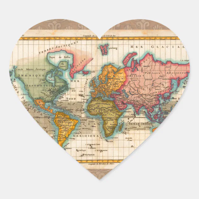 World Map 1700s Antique Continents Heart Sticker | Zazzle