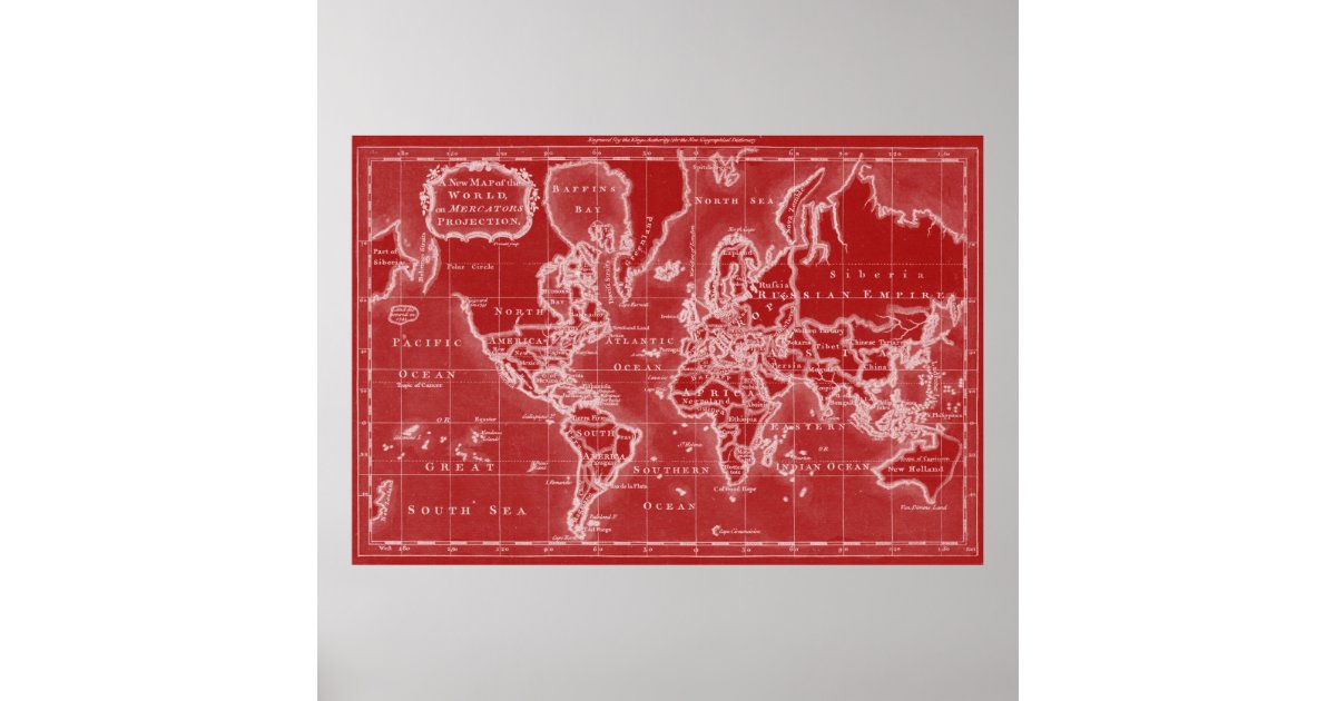 World Map (1766) Red & White Poster | Zazzle
