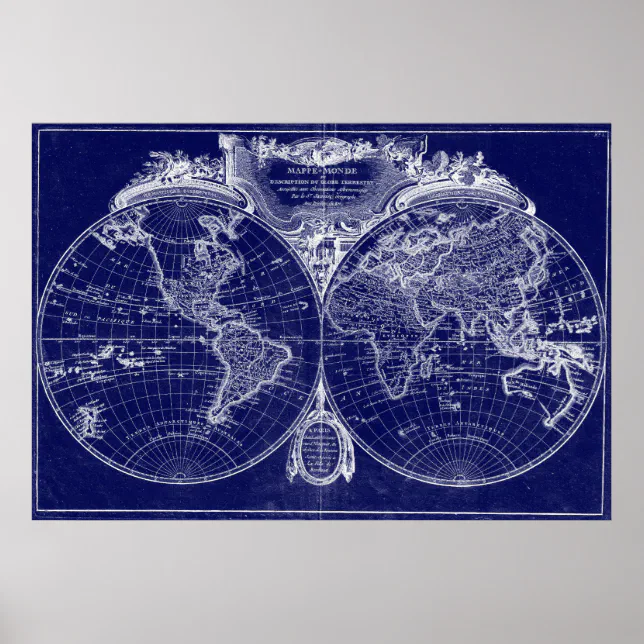 World Map (1775) Blue & White Poster | Zazzle