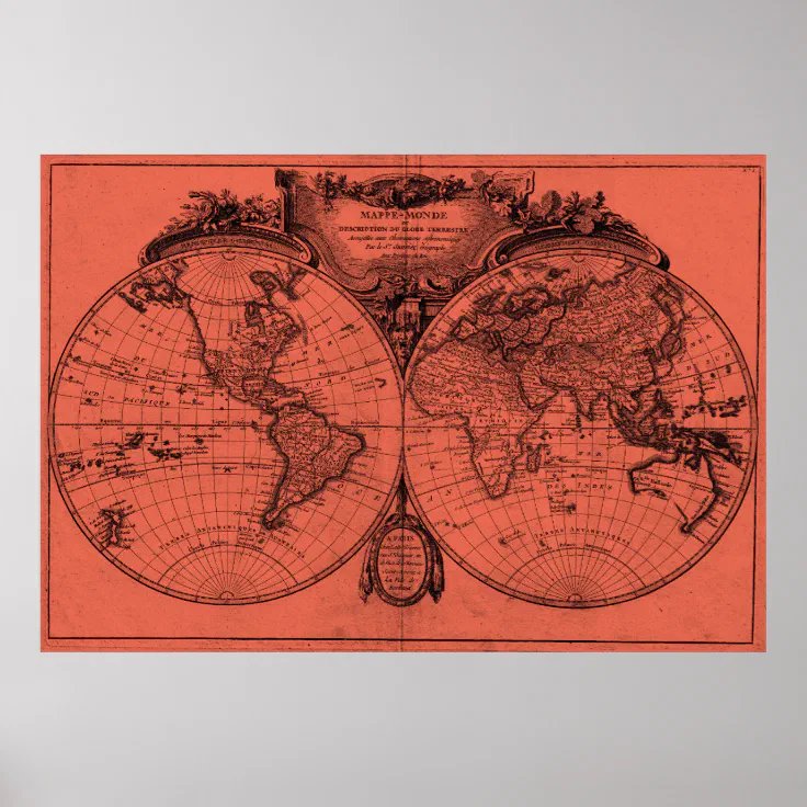 World Map (1775) Light Red & Black Poster | Zazzle