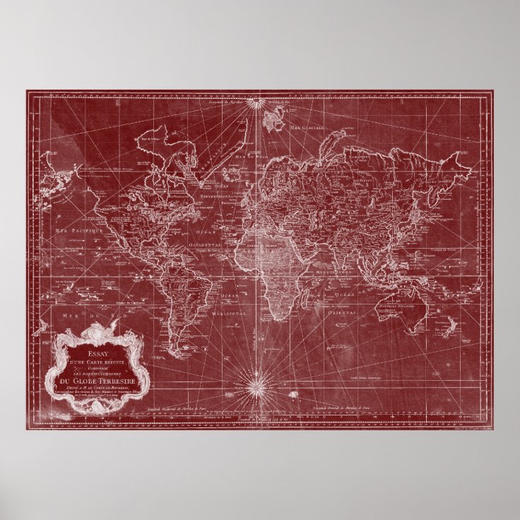 World Map (1778) Red & White Poster | Zazzle