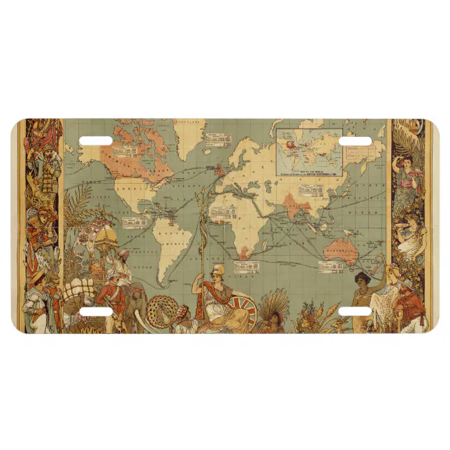 World Map Antique 1886 Illustrated License Plate | Zazzle