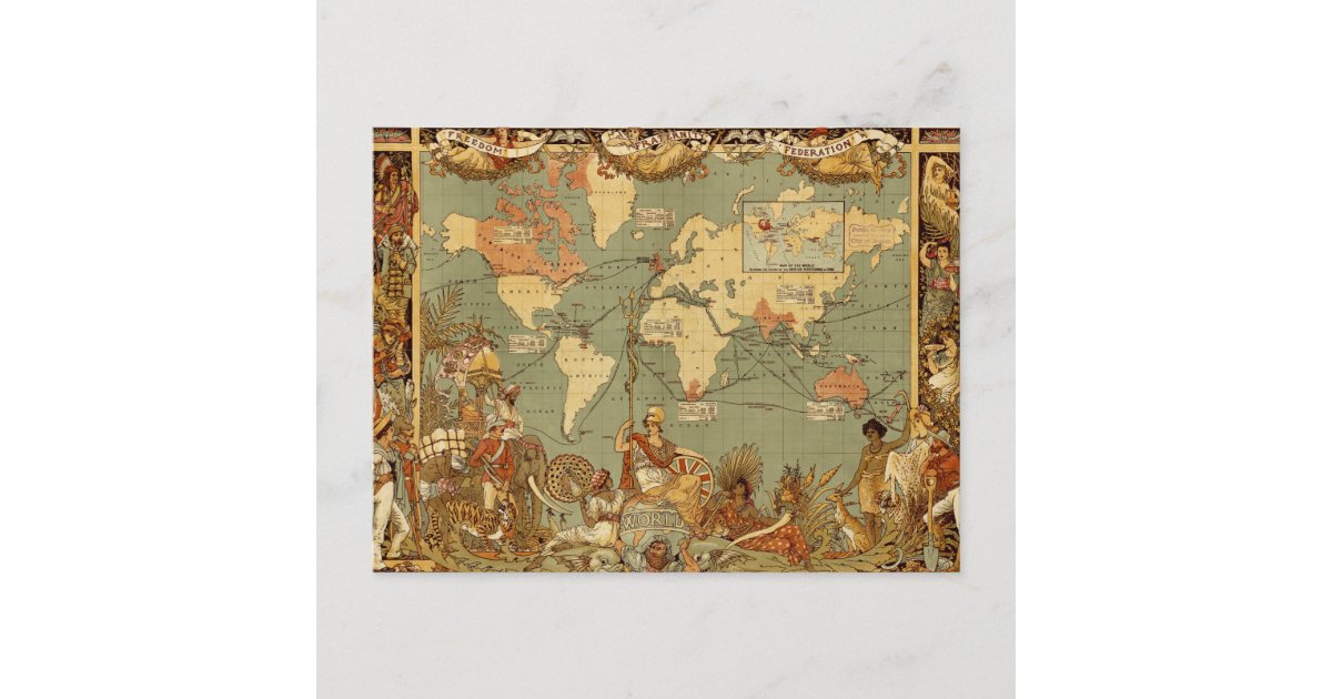 World Map Antique 1886 Illustrated Postcard | Zazzle