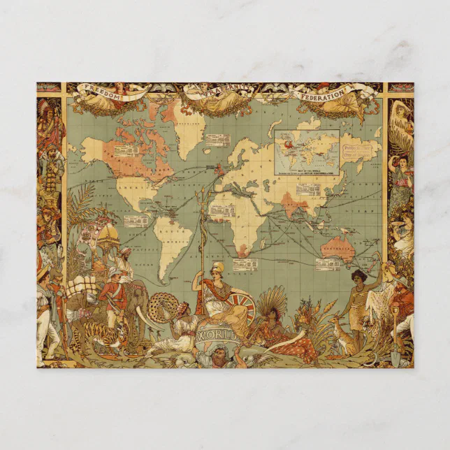 World Map Antique 1886 Illustrated Postcard | Zazzle