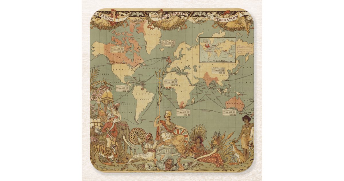 World Map Antique 1886 Illustrated Square Paper Coaster | Zazzle