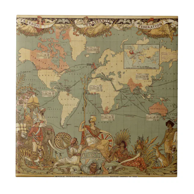 World Map Antique 1886 Illustrated Tile | Zazzle