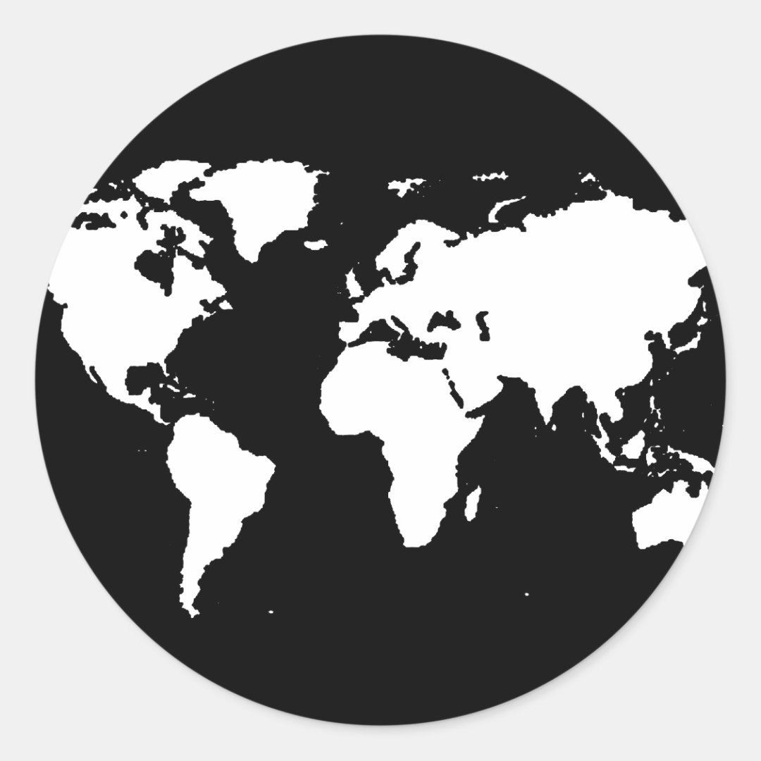 world map black/white classic round sticker | Zazzle