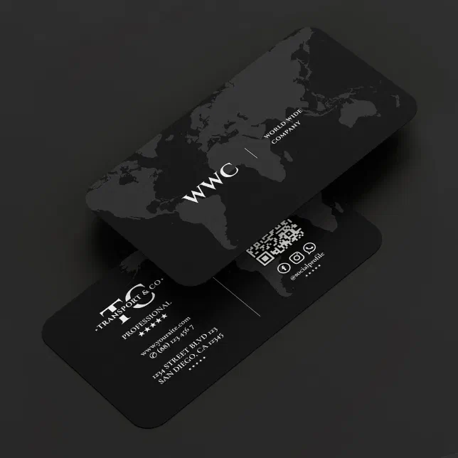 World Map Company Monogram Black Grey Business Card | Zazzle