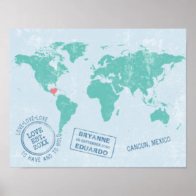 World Map + Custom Passport Stamps Guest Signature Poster | Zazzle