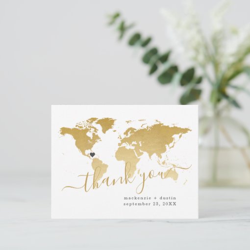 World Map Destination Wedding Personalized Gold Thank You Card | Zazzle
