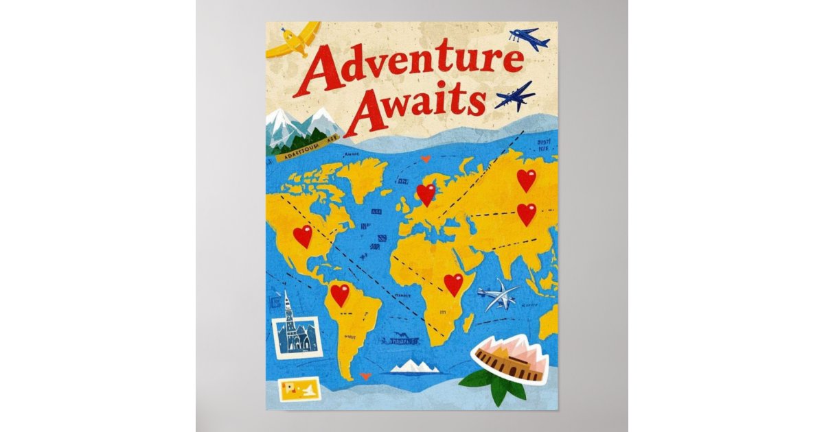 World map dotted with heart pins and landmarks poster | Zazzle