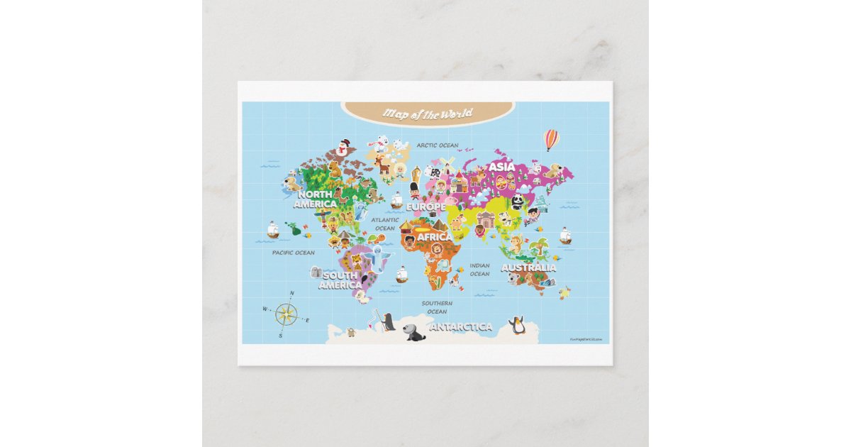 World Map For Kids - Cute and Fun Postcard | Zazzle