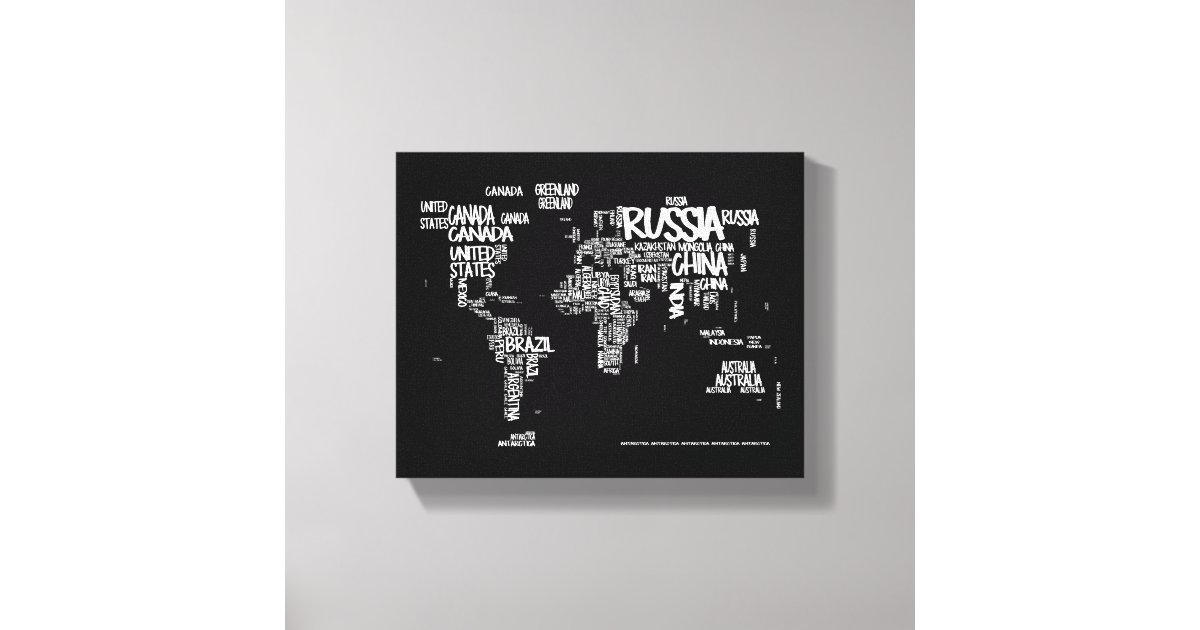 World Map Handwritten Typography, Black and White Canvas Print | Zazzle