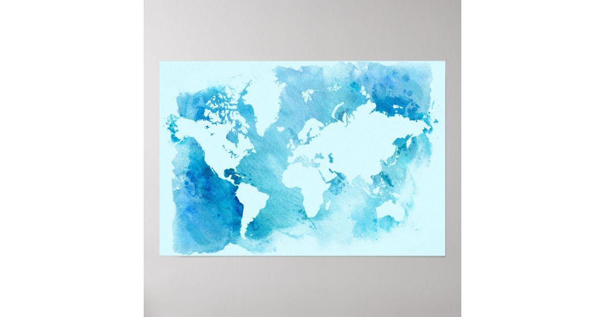 World Map In Watercolor Blues Poster | Zazzle