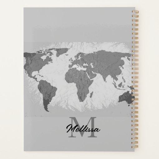 World Map Monogram Traveler Name Black White Grey Planner | Zazzle