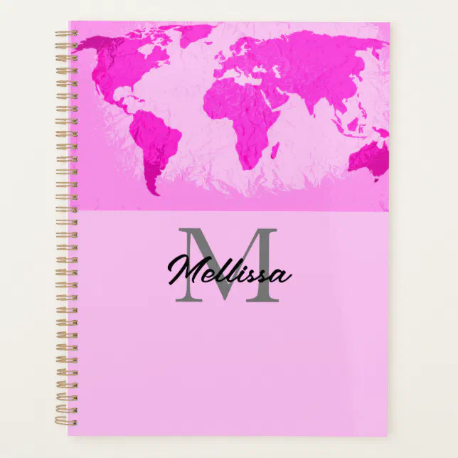 World Map Monograms Traveler Blush Pink Purple Planner | Zazzle