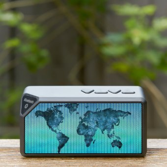 World Map | Neon Blue Stripes Bluetooth Speaker | Zazzle