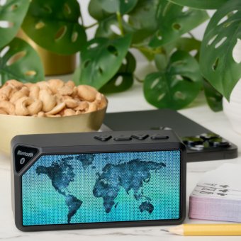 World Map | Neon Blue Stripes Bluetooth Speaker | Zazzle