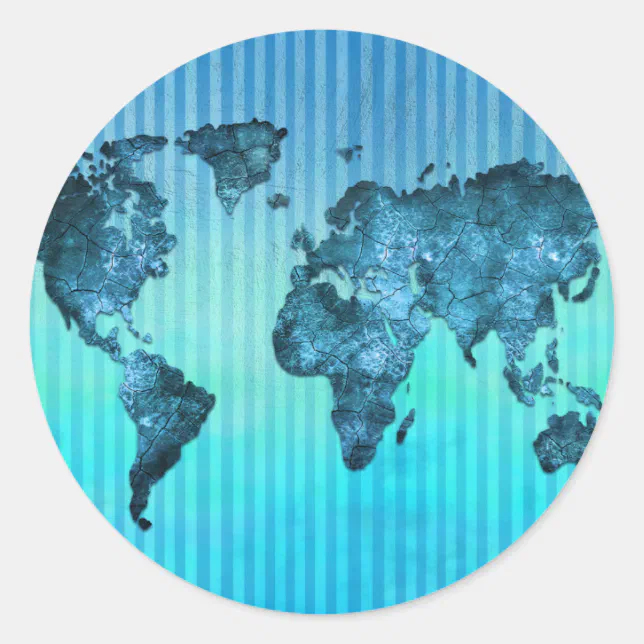 World Map | Neon Blue Stripes Classic Round Sticker | Zazzle