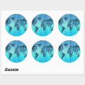 World Map | Neon Blue Stripes Classic Round Sticker | Zazzle