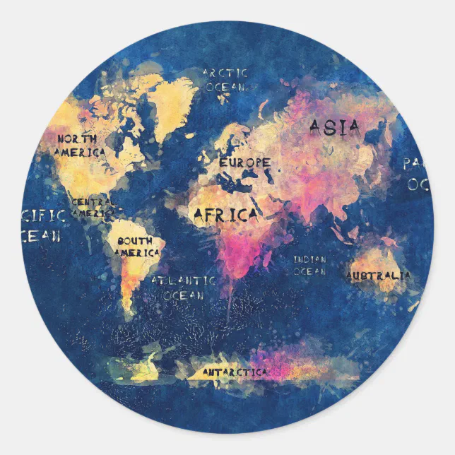world map OCEANS and continents Classic Round Sticker | Zazzle