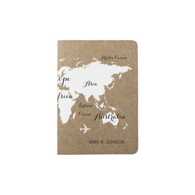 world map on faux kraft stylish passport holder | Zazzle