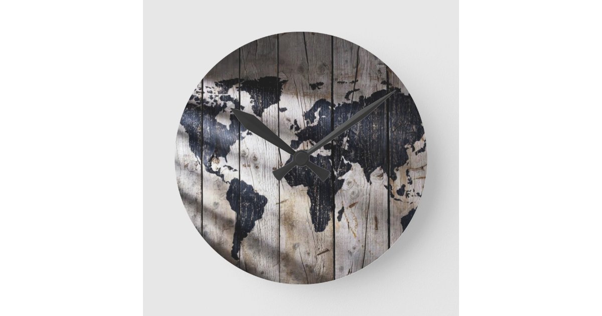 World map on wood texture round clock | Zazzle