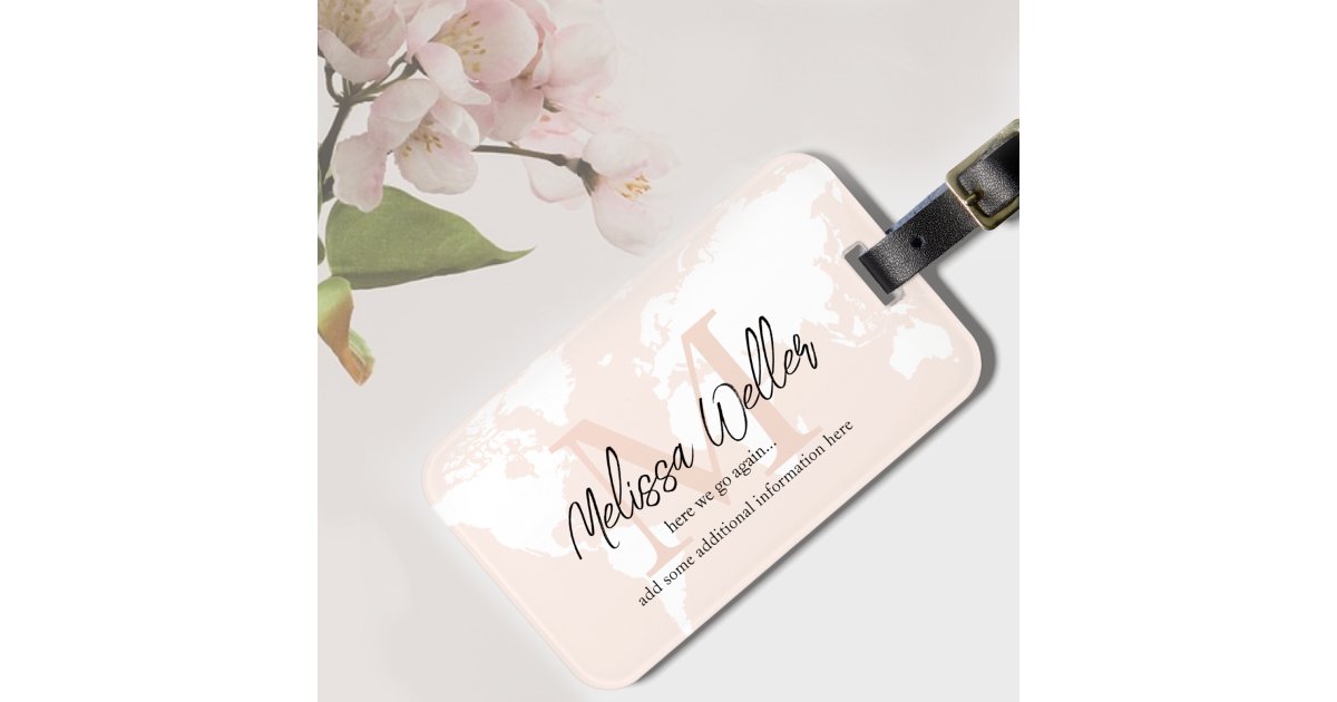 World Map Pale Blush Rose Traveler Monogram Luggage Tag | Zazzle