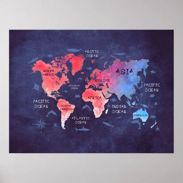 world map red blue poster | Zazzle