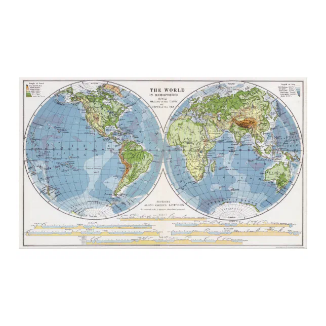 World Map showing Heights of Land depth of Sea Canvas Print | Zazzle