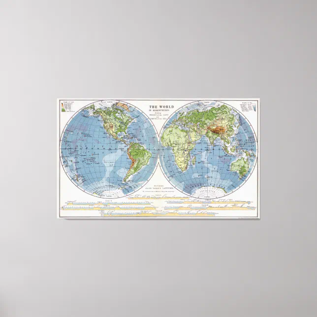 World Map showing Heights of Land depth of Sea Canvas Print | Zazzle