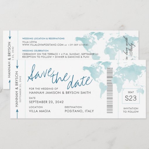 World Map Teal Blue Boarding Pass Save the Date | Zazzle