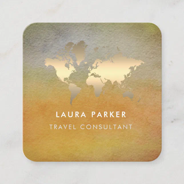 World Map Travel Agent Watercolor Gold Tourism Bus Square Business Card ...