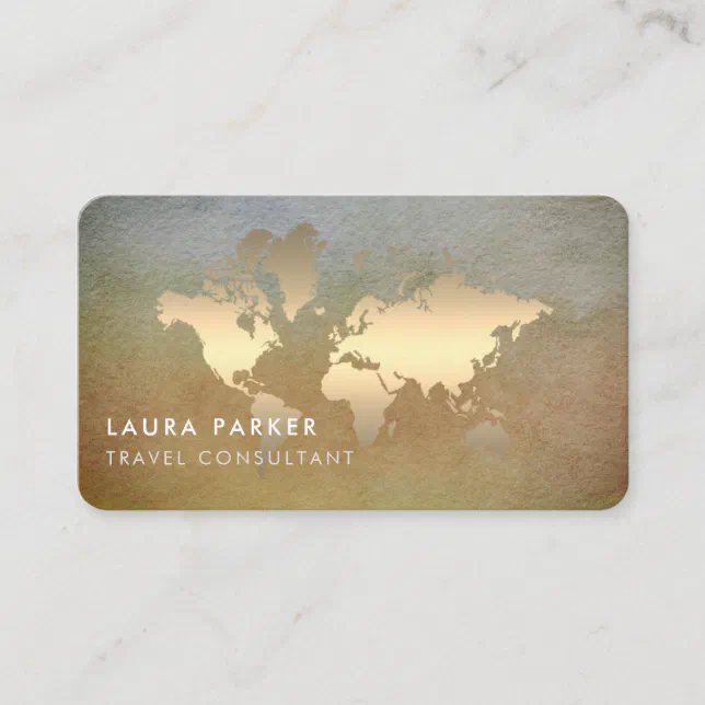 World Map Travel Agent Watercolor Gold Tourism Business Card | Zazzle