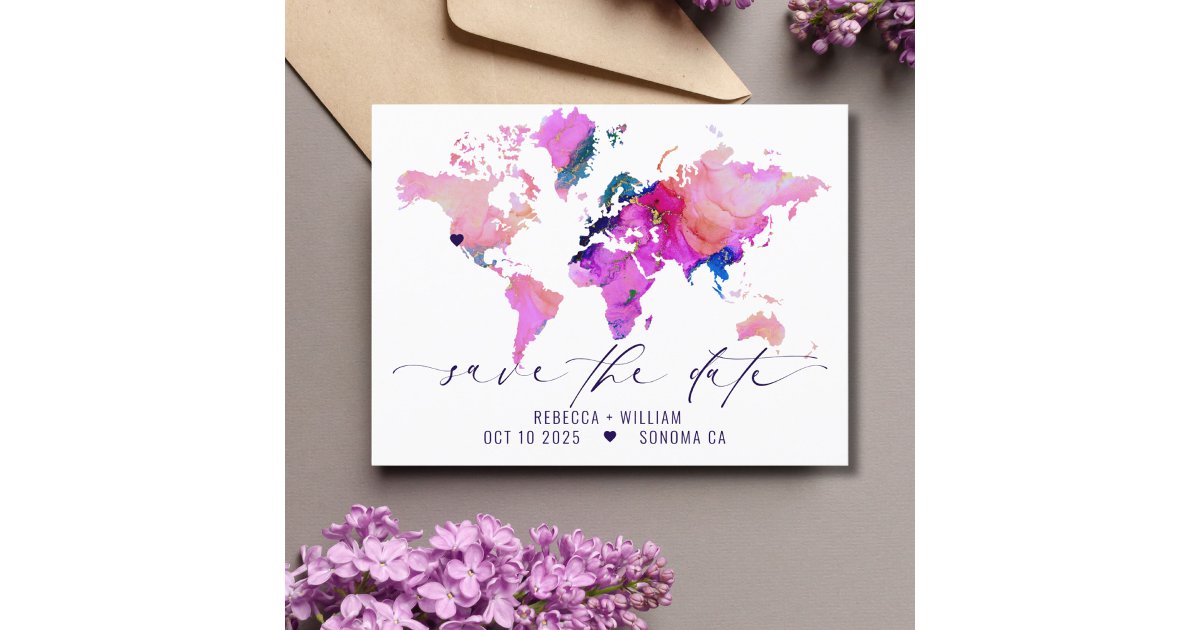 World Map Travel Destination Wedding Save the Date Postcard | Zazzle