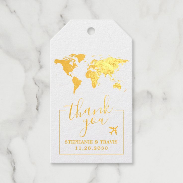World Map Travel Theme Destination Favor Foil Gift Tags | Zazzle