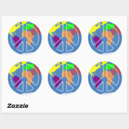 World Peace with map and peace symbol Classic Round Sticker | Zazzle