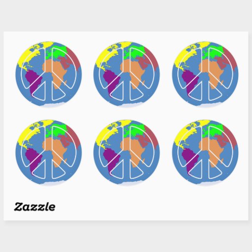 World Peace with map and peace symbol Classic Round Sticker | Zazzle