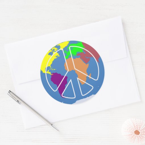 World Peace with map and peace symbol Classic Round Sticker | Zazzle