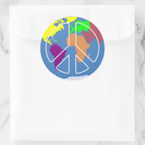 World Peace with map and peace symbol Classic Round Sticker | Zazzle