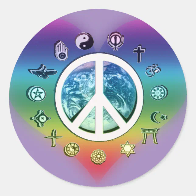 World Peace with Religious Symbols Classic Round Sticker | Zazzle