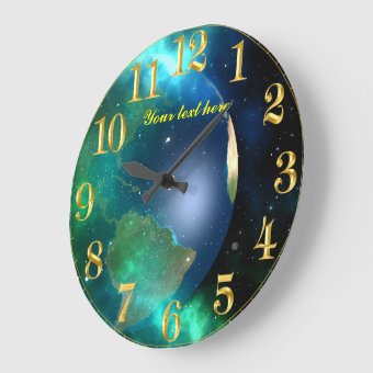 World planet space view with golden numbers large clock | Zazzle