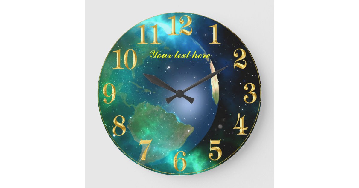 World planet space view with golden numbers large clock | Zazzle